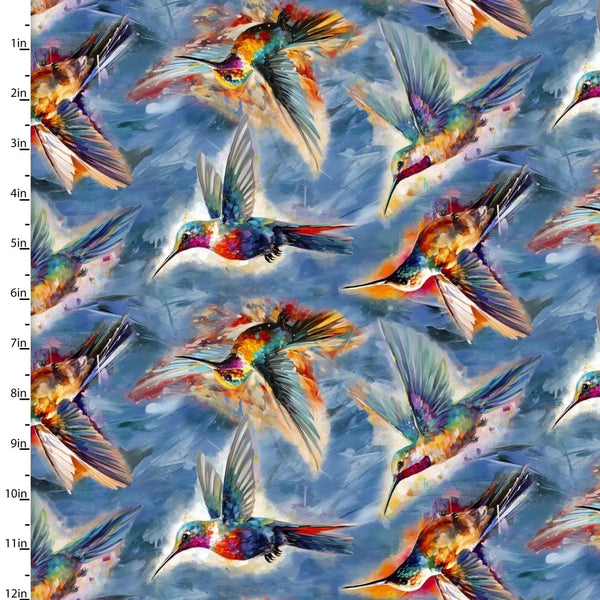 3 Wishes Fabric, Fanciful Flyers Blue, Hummingbird Bouquet, Cotton ...