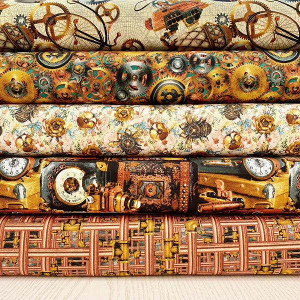 Time Travel, Steampunk Bees Cotton Fabric Bundle - Sunnyside Fabrics UK