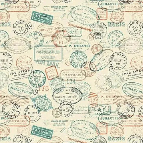 Time Travel, Postal Stamps, Steampunk Cotton Fabric - Sunnyside Fabrics UK